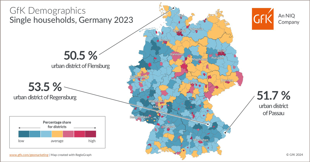 Map of the Month: GfK Demographics, Single households, Germany 2023